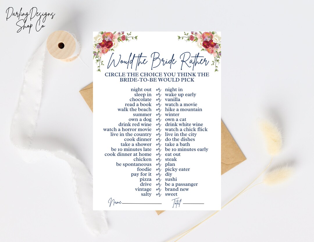 NAVY AND GOLD Bridal Shower Game, Would the Bride Rather Game Template ...