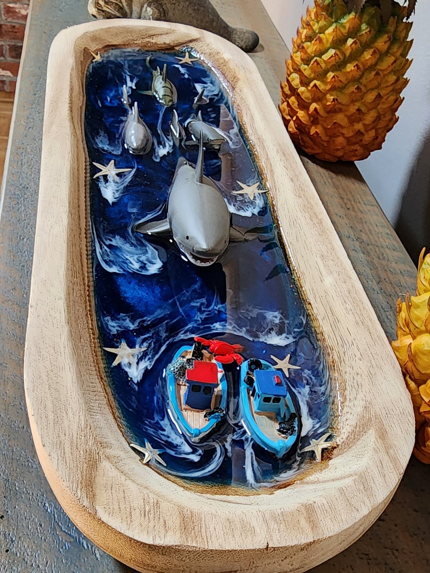 Ocean Resin Wood Shark Tray With Multiple Sharks, A Lobster, Starfish ...