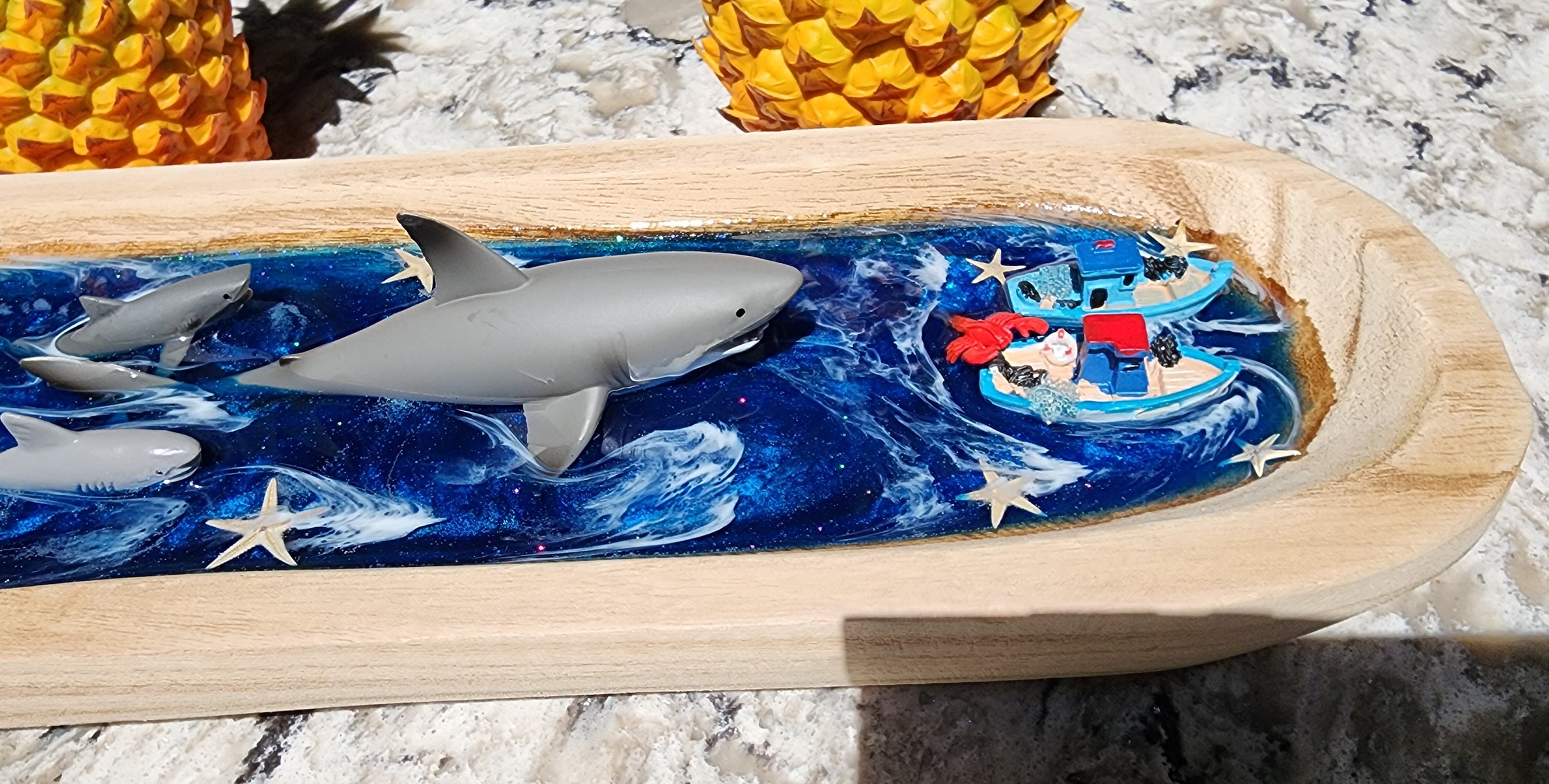 Ocean Resin Wood Shark Tray With Multiple Sharks, A Lobster, Starfish ...