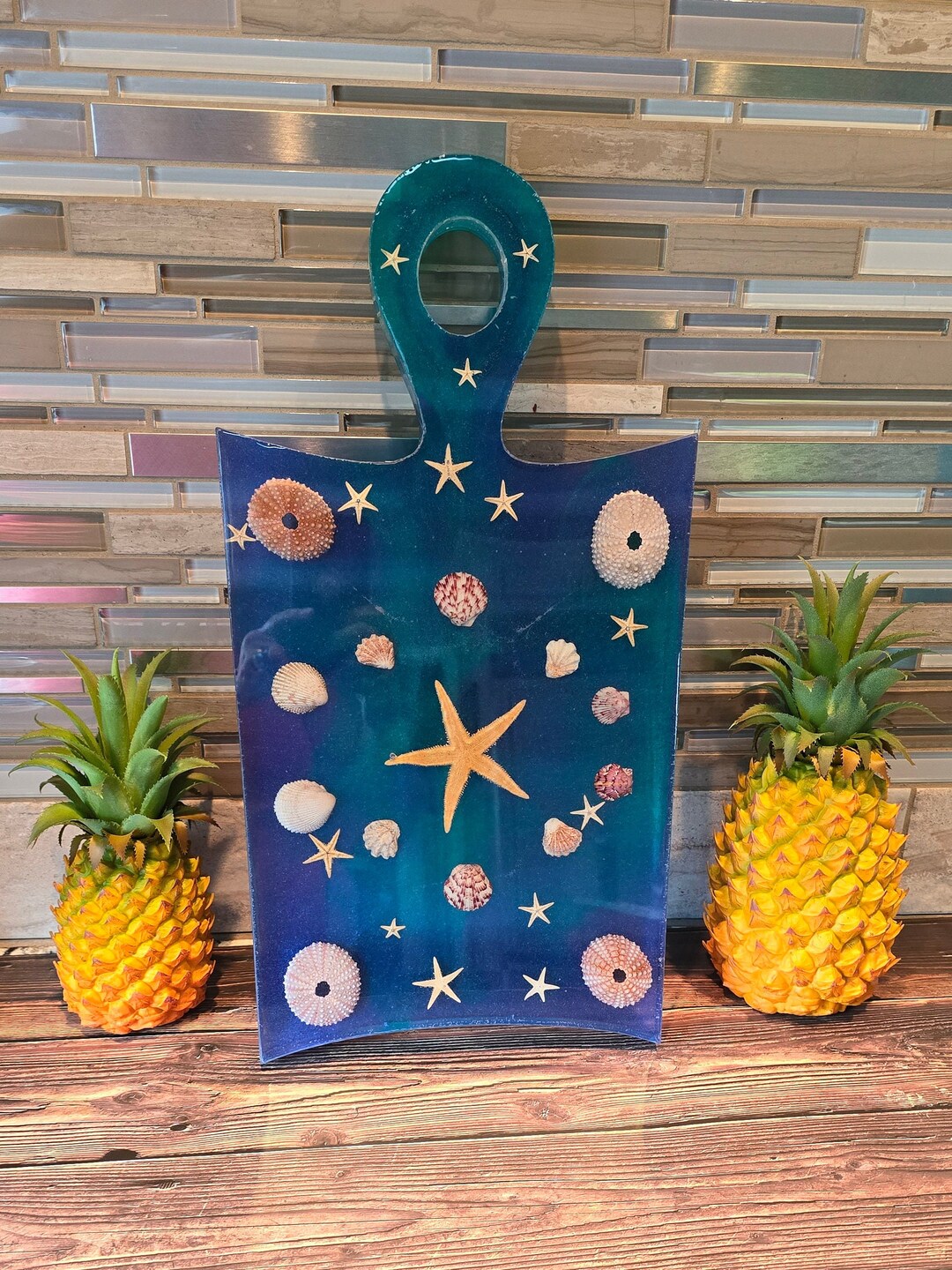 Beachy Resin Serving Board With Starfish Shells for Charcuterie and ...