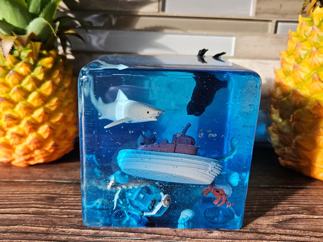 Ocean Resin Shark and Octopus Cube With Two Sunken Ships, Baby Octopus ...