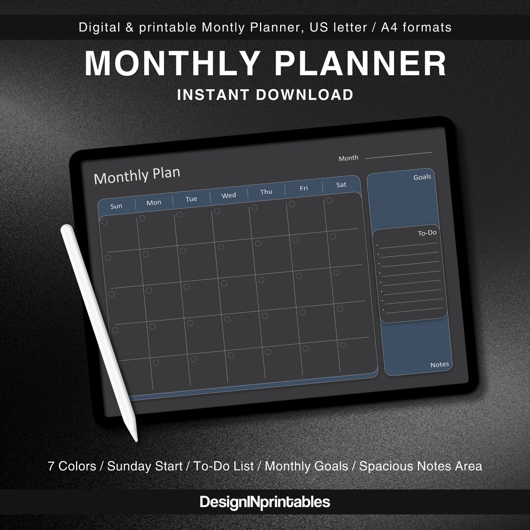 Monthly Planner, Dark Mode, Printable, Monthly Goal Planner, Daily ...