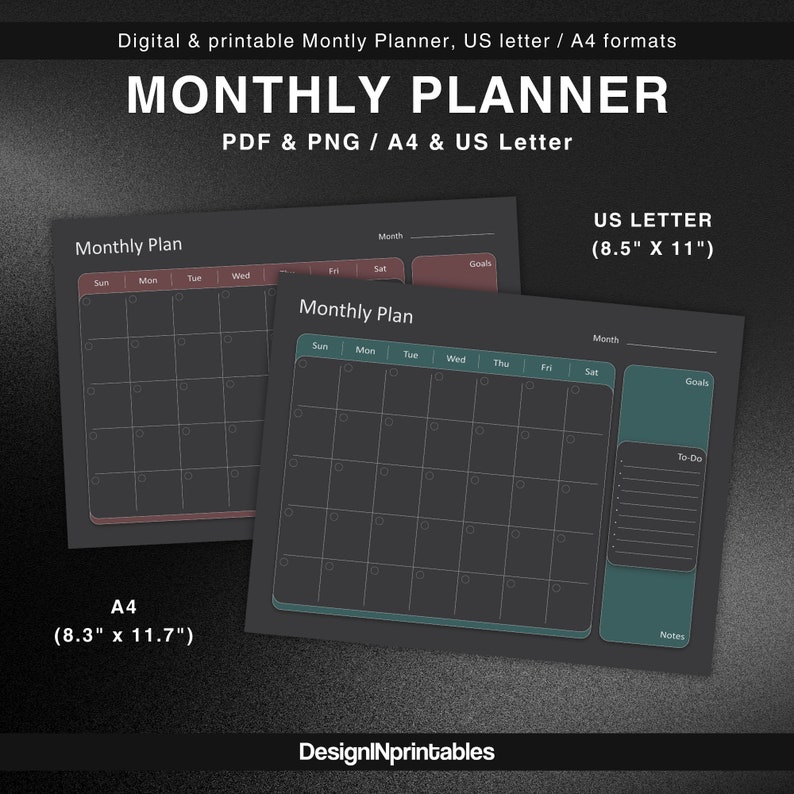 Monthly Planner, Dark Mode, Printable, Monthly Goal Planner, Daily ...