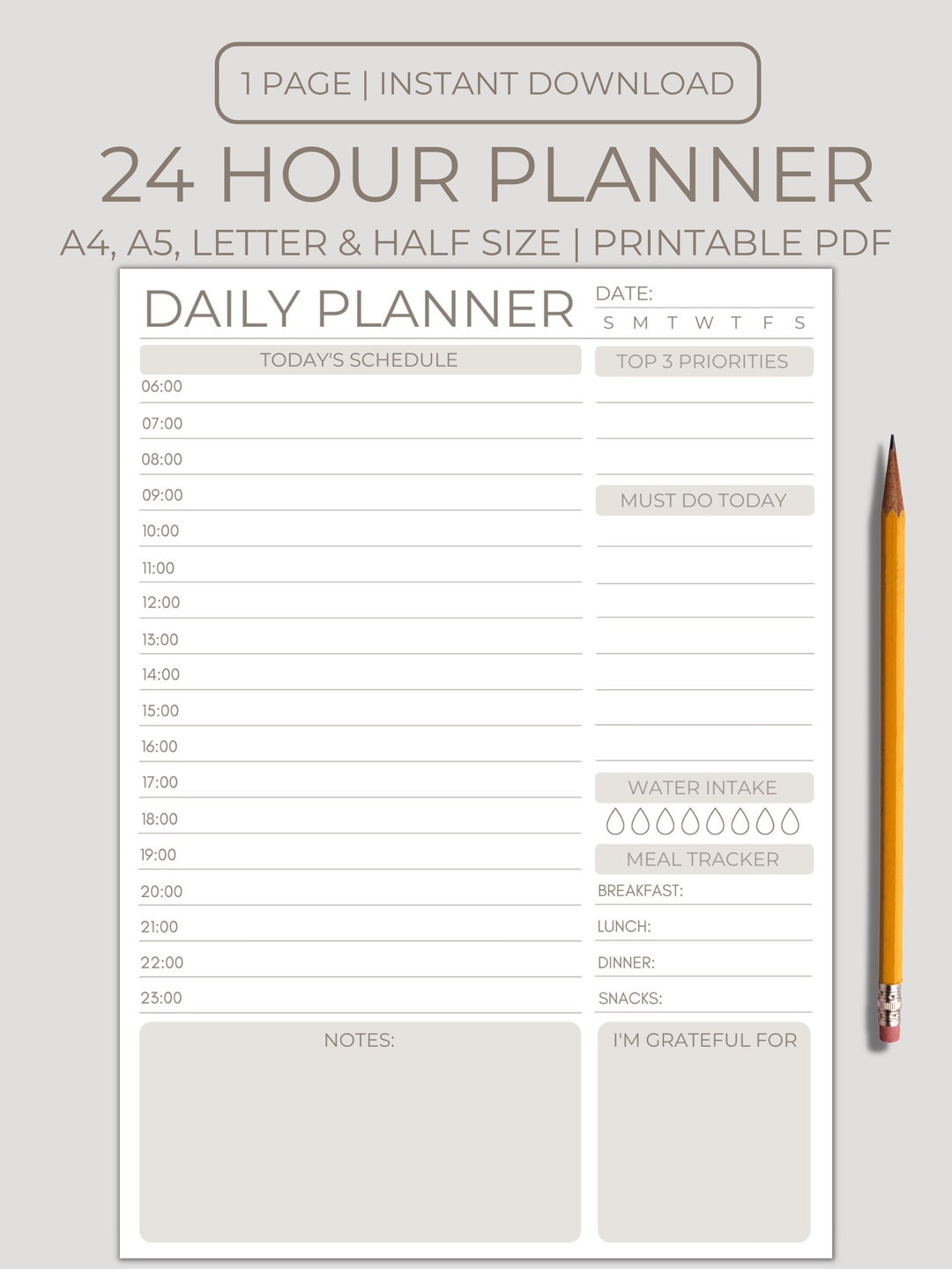 24 Hour Planner Printable, Daily to Do List, Goals / Productivity ...