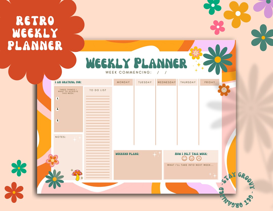 Cute Retro Printable Weekly Planner, Weekly Overview, Weekly Goals, M-F ...
