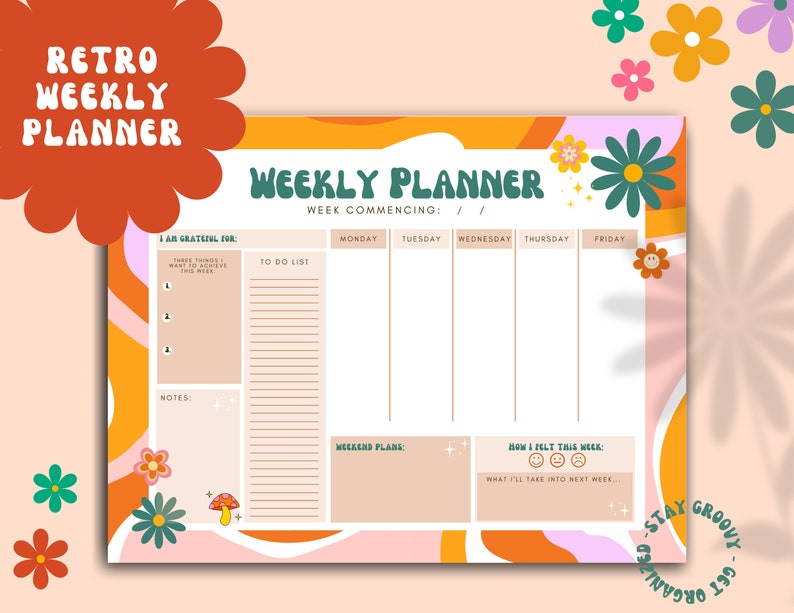 Cute Retro Printable Weekly Planner, Weekly Overview, Weekly Goals, M-F ...