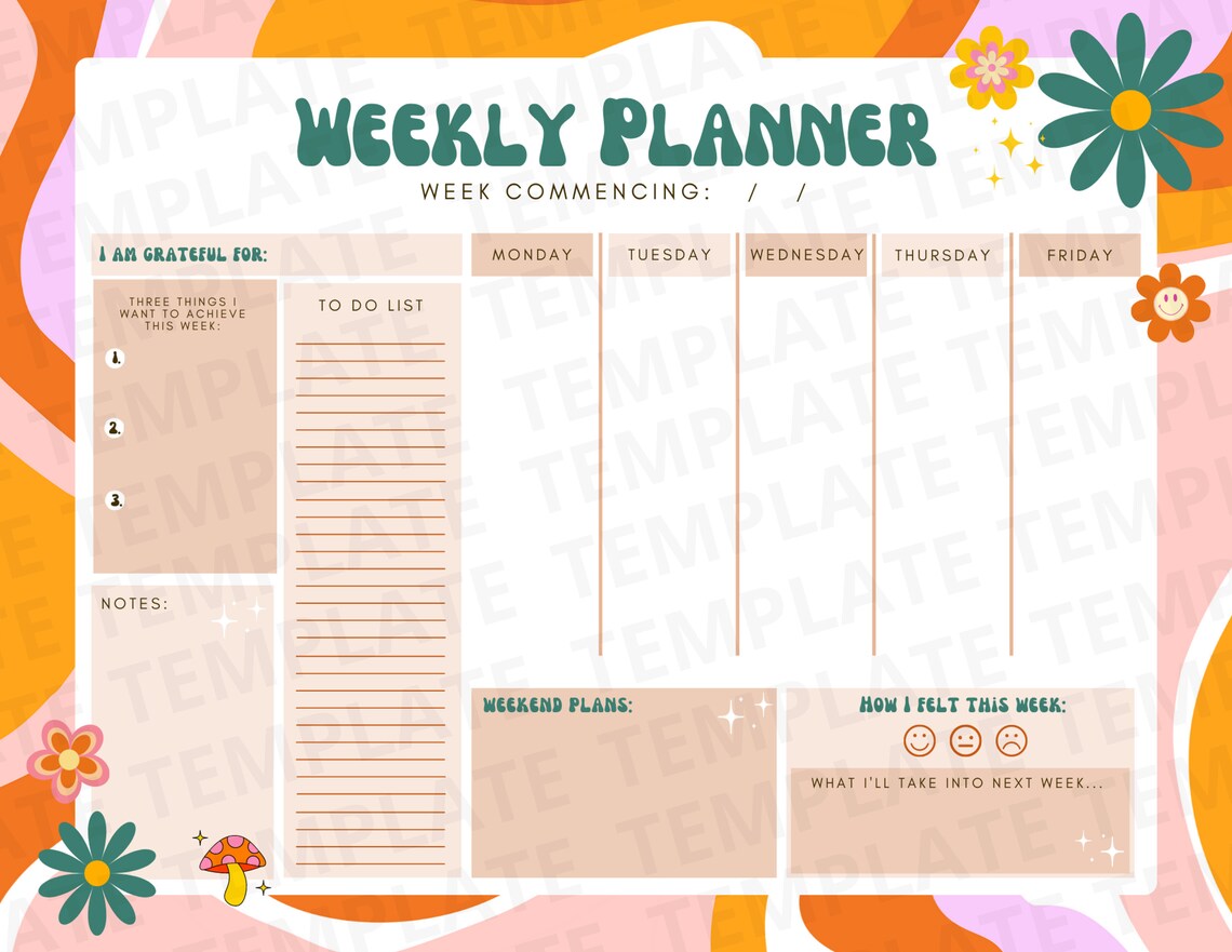 Cute Retro Printable Weekly Planner, Weekly Overview, Weekly Goals, M-F ...