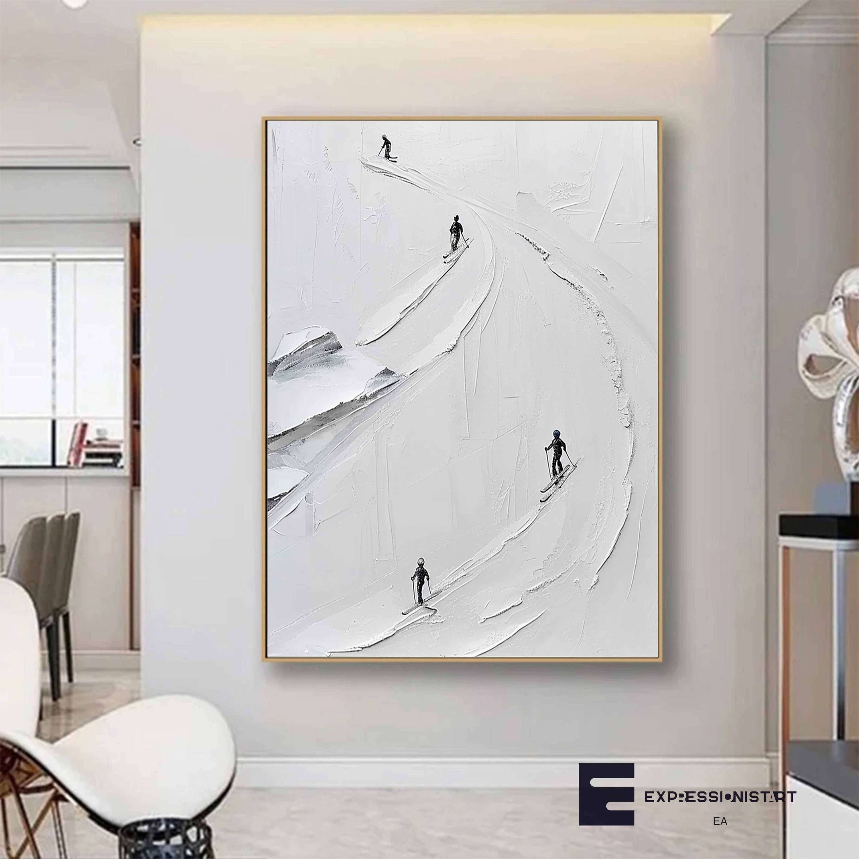 Skier on Snowy Mountain Art White Snow Skiing Art Original Ski Sport ...