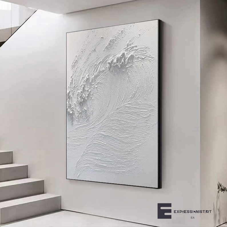 Ocean Wave Painting on Canvas Beach Painting Textured Wall Art 3D White Minimalist Wabi-sabi ...