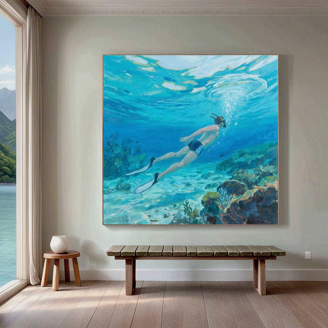Deep Sea Diving Art,diving Oil Painting, Diving Wall Art, Swimming Man ...
