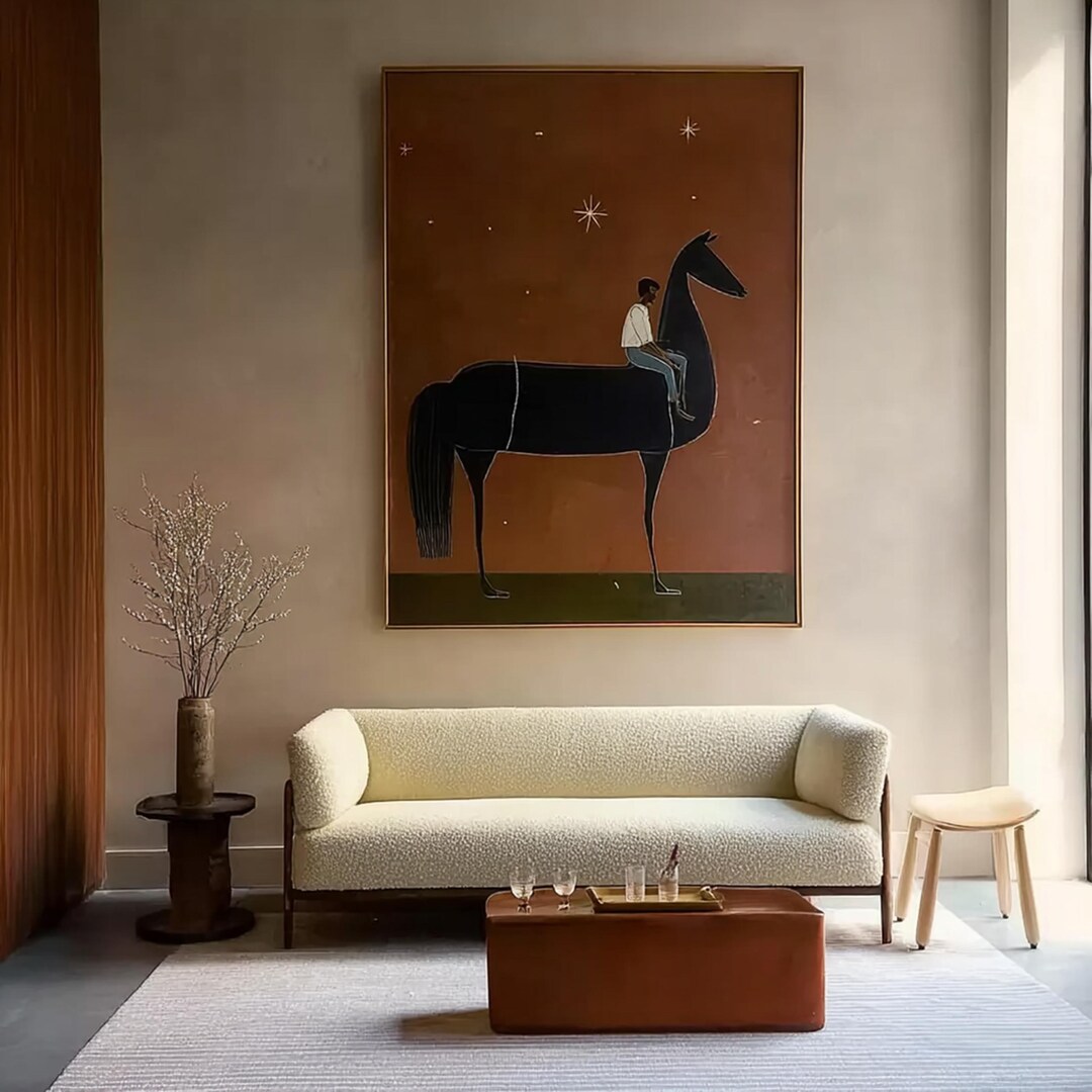 Brown Abstract Horse Rider Figure Painting Large Brown Minimalist ...