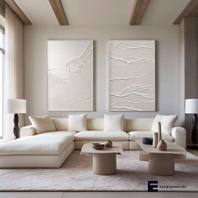 Set of 2 White Abstract Painting White Texture Waves Wall Art Set of 2 ...