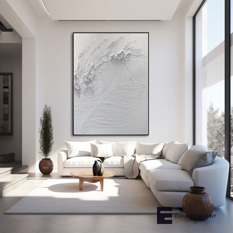 Ocean Wave Painting on Canvas Beach Painting Textured Wall Art 3D White Minimalist Wabi-sabi ...