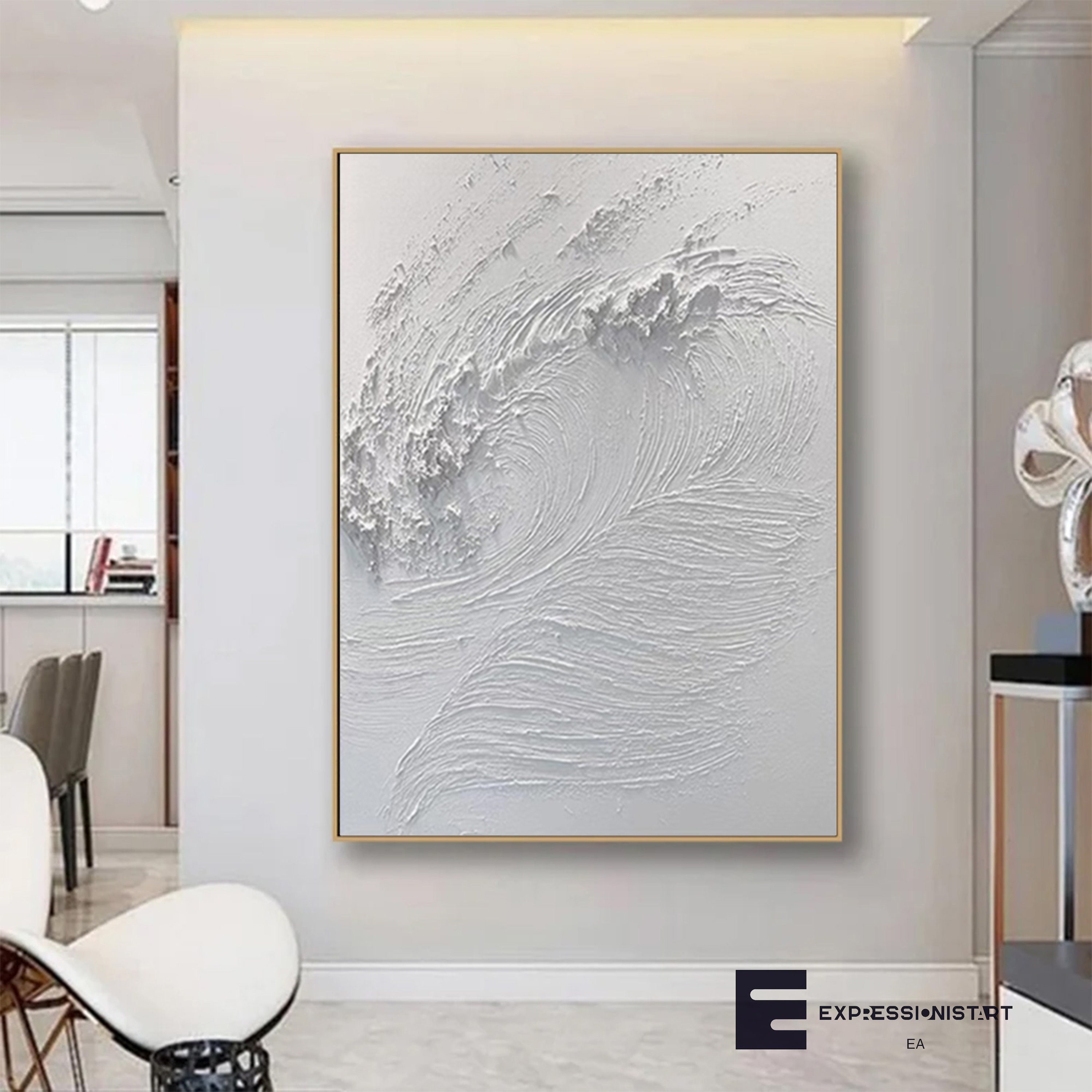 Ocean Wave Painting on Canvas Beach Painting Textured Wall Art 3D White Minimalist Wabi-sabi ...