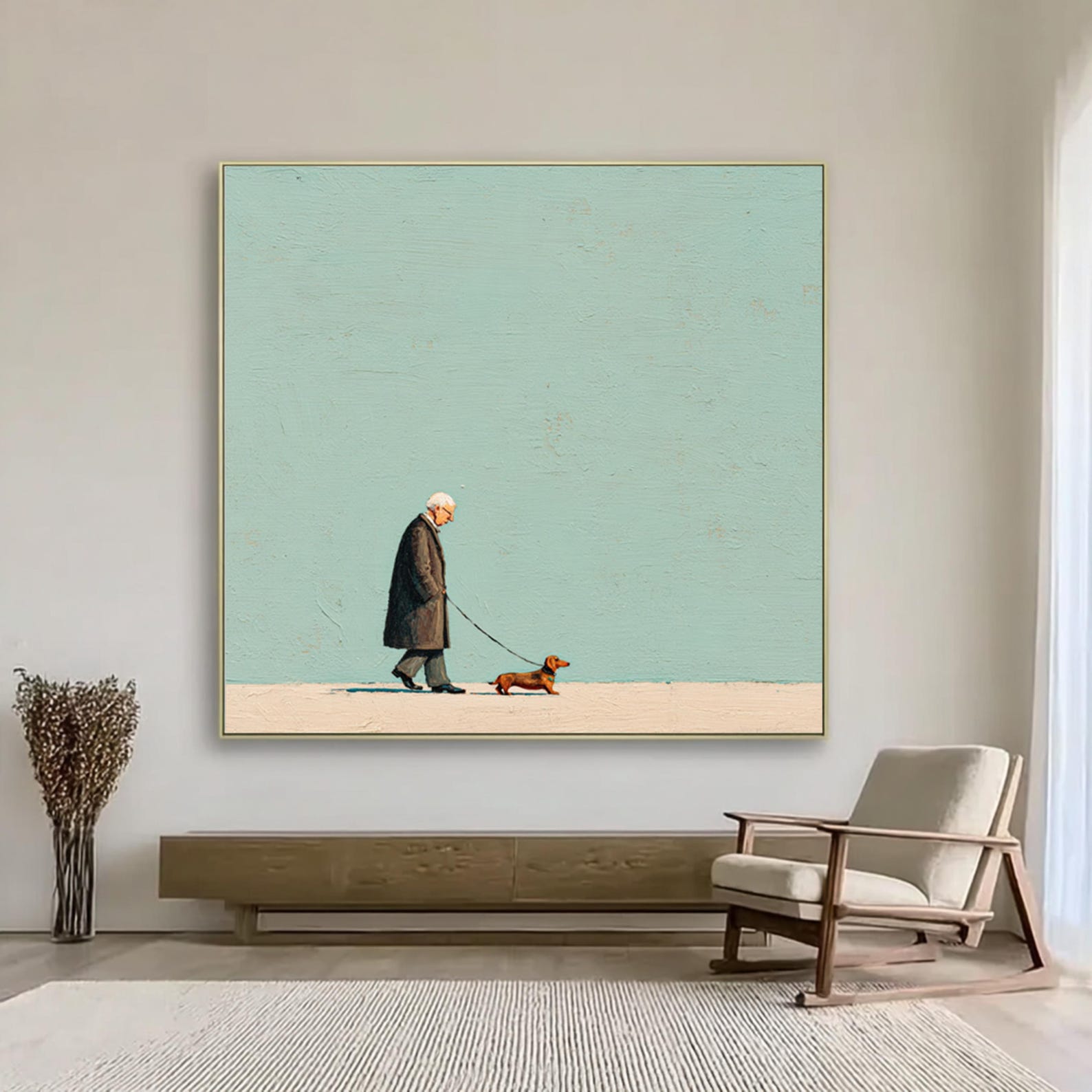 Abstract Papa & Dog Oil Painting Light Green Wabi-sabi Wall Art ...