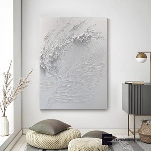 Ocean Wave Painting on Canvas Beach Painting Textured Wall Art 3D White Minimalist Wabi-sabi ...
