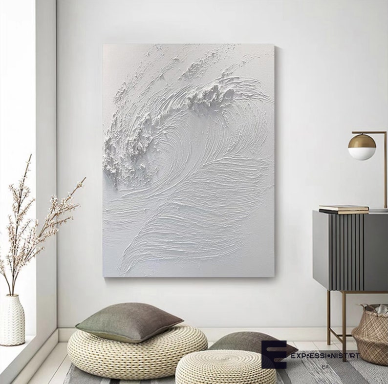 Ocean Wave Painting on Canvas Beach Painting Textured Wall Art 3D White Minimalist Wabi-sabi ...