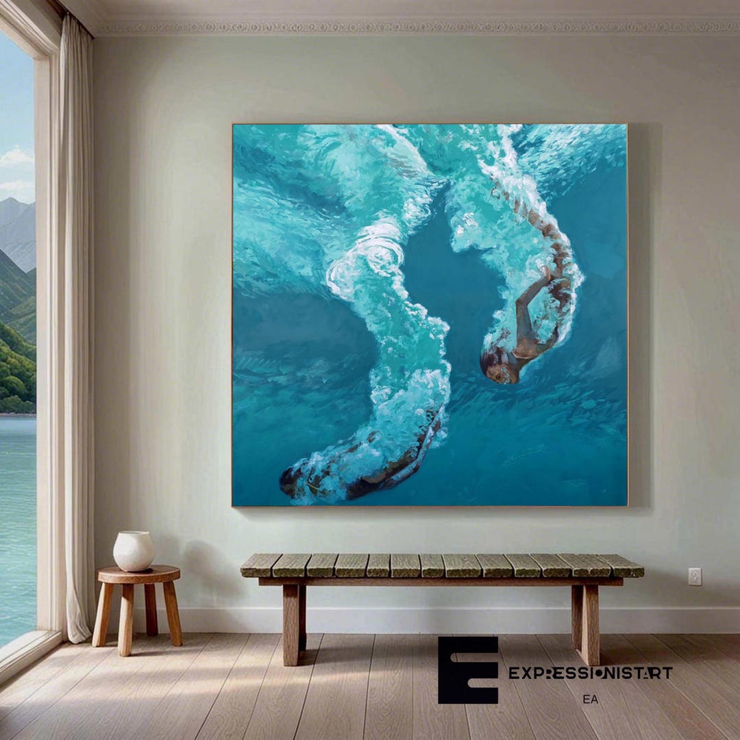 Swiming in the Sea Blue Ocean Painting Underwater Diving Art Girl ...