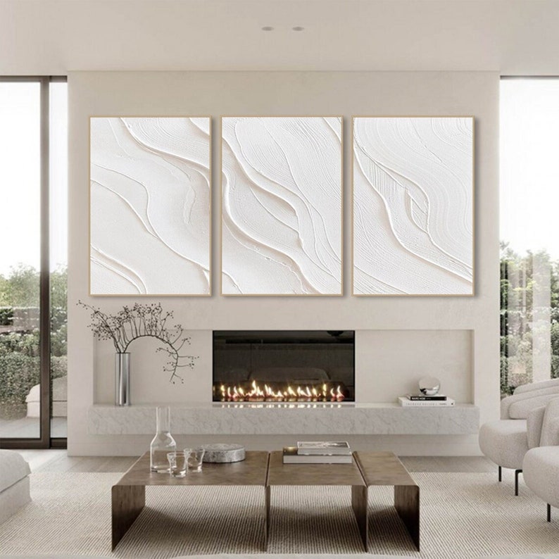White Wall Art Set of 3 White Minimalist Painting 3D Ocean Wave Painting on Canvas White Wabi ...