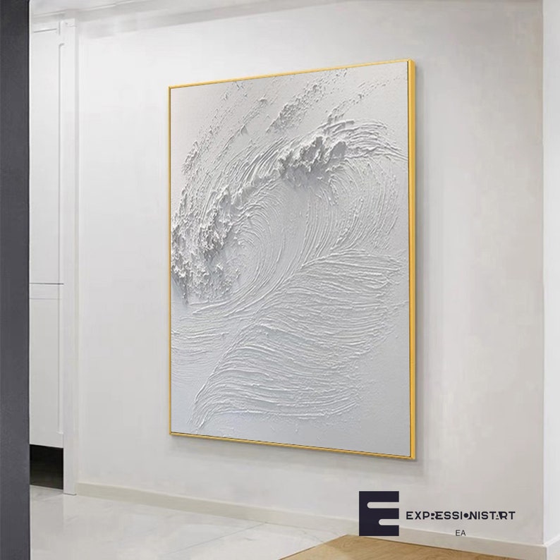 Ocean Wave Painting on Canvas Beach Painting Textured Wall Art 3D White Minimalist Wabi-sabi ...