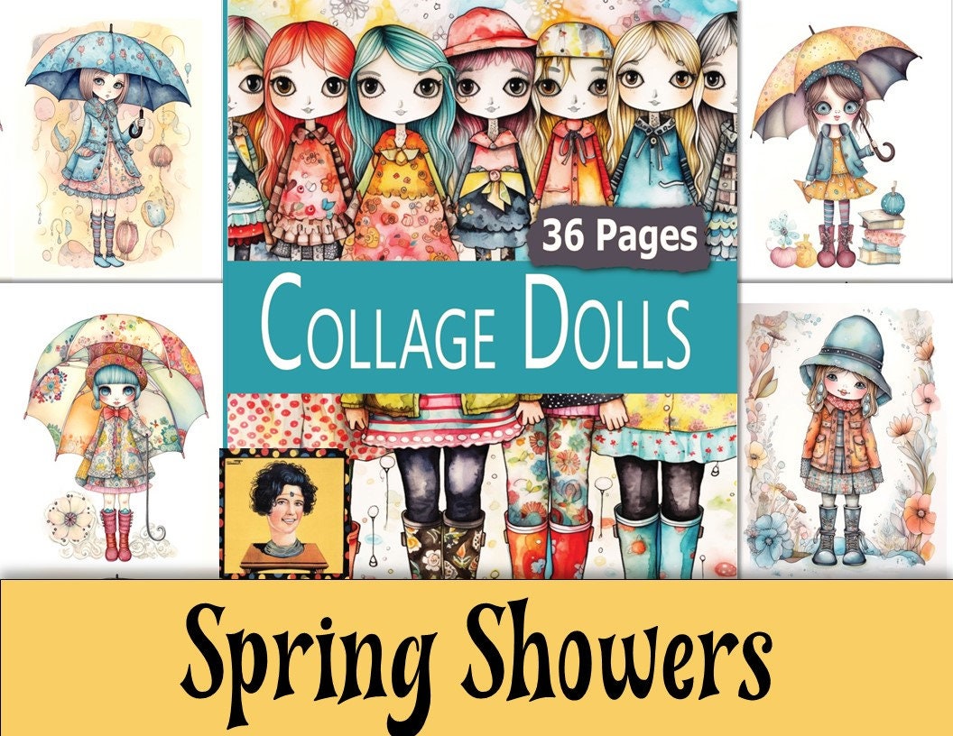Digital Collage Sheets, 36 Spring Shower Paper Dolls in Rain Boots Art ...