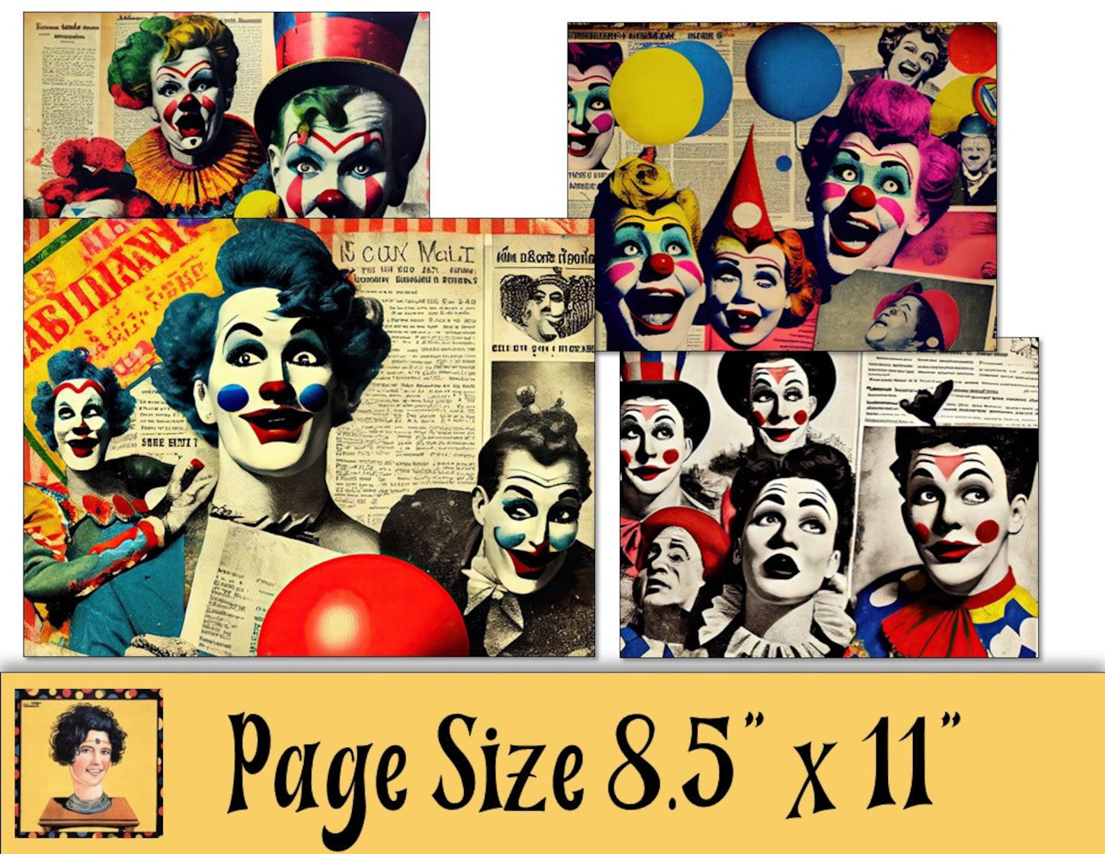 Vintage Circus Carnival Digital Collage Papers, 36 Pages Mixed Media ...