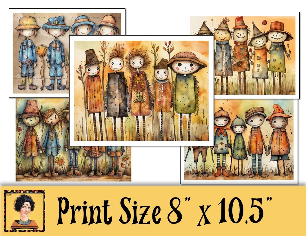 Printable Collage Paper Sheets, 36 Cute Scarecrows and Kids for Art ...