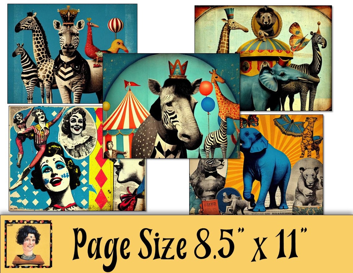 Vintage Circus Carnival Digital Collage Papers, 36 Pages Mixed Media ...