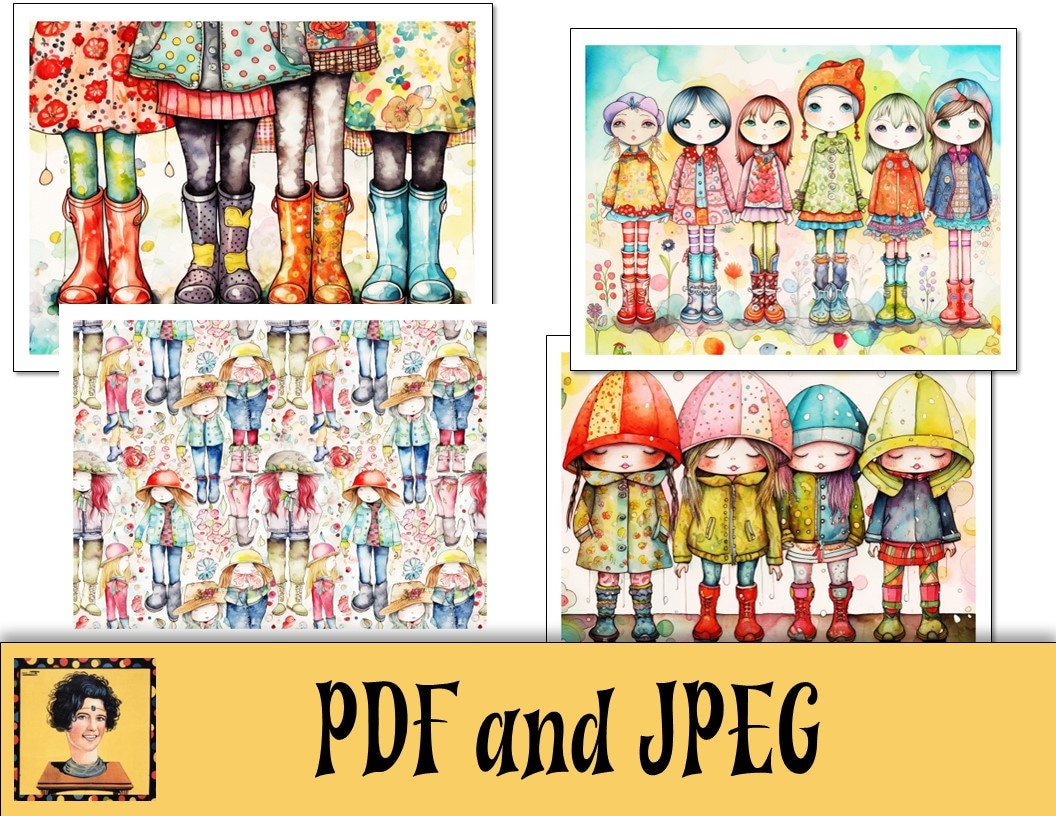 Digital Collage Sheets, 36 Spring Shower Paper Dolls in Rain Boots Art ...