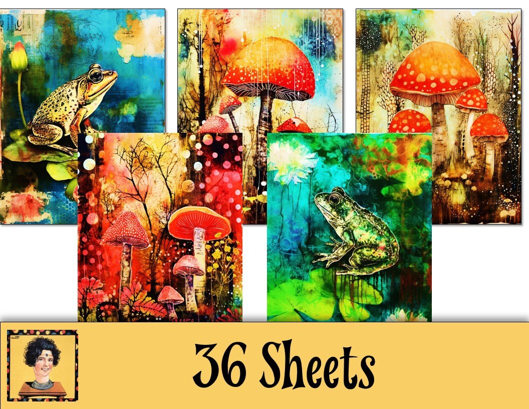 Collage Paper for Art 36 Watercolor Mushrooms and Frogs Graffiti Style ...