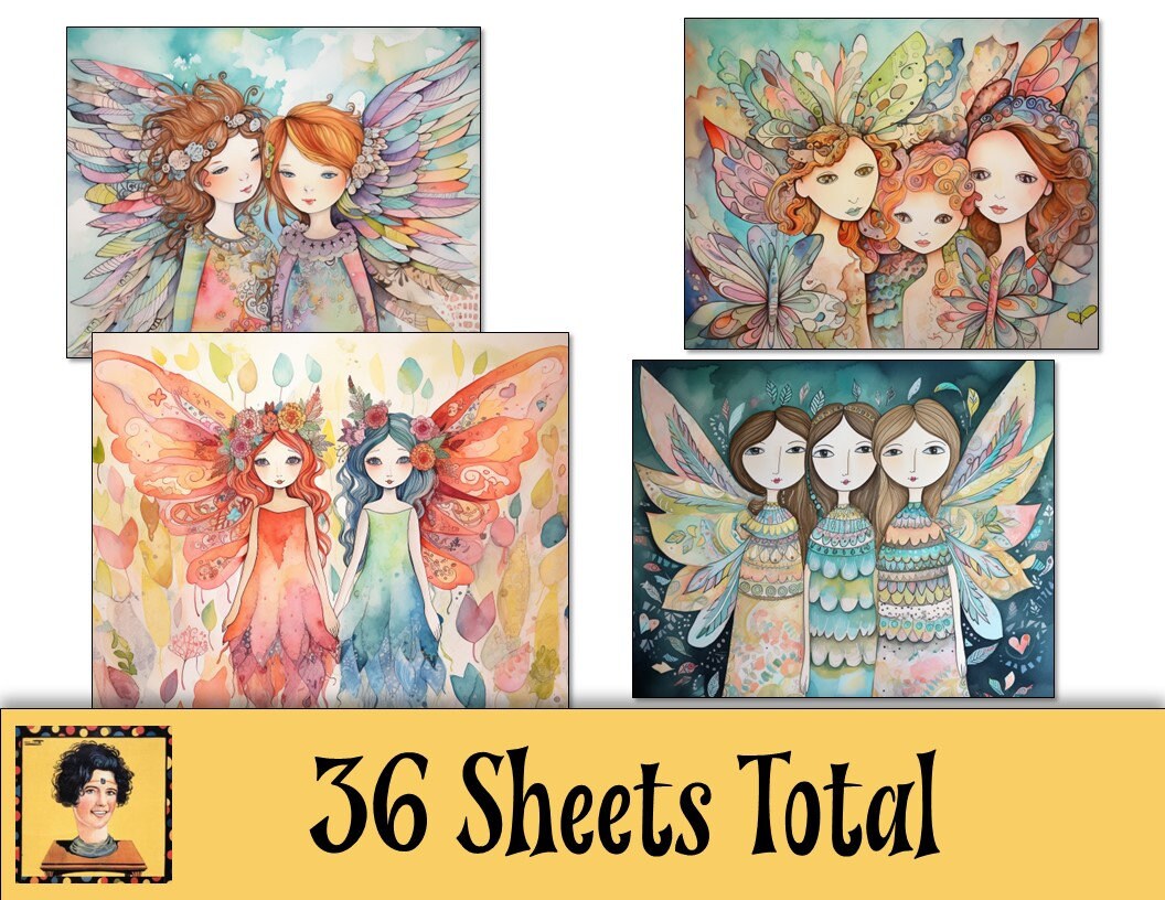 Printable Collage Paper Sheets, 36 Doll Angel Fairy Wings Sketches for ...