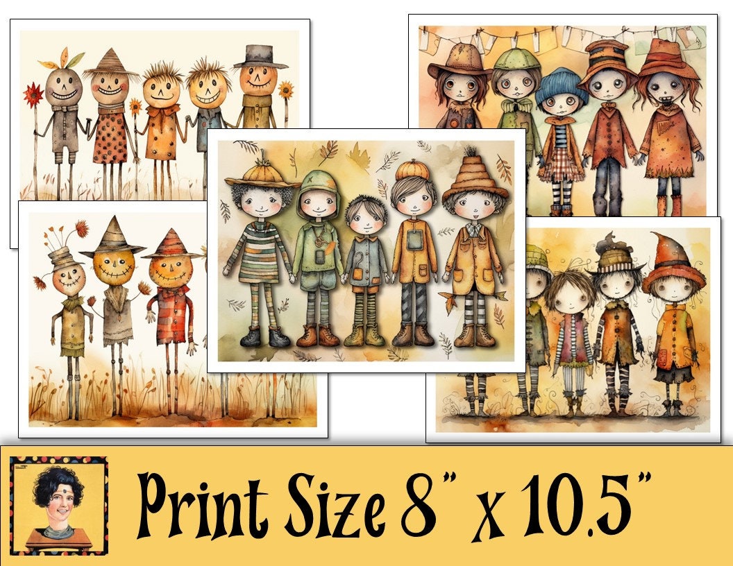Printable Collage Paper Sheets, 36 Cute Scarecrows and Kids for Art ...