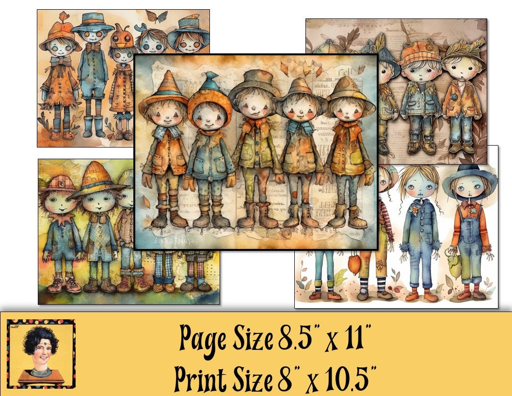 Printable Collage Paper Sheets, 36 Cute Scarecrows and Kids for Art ...