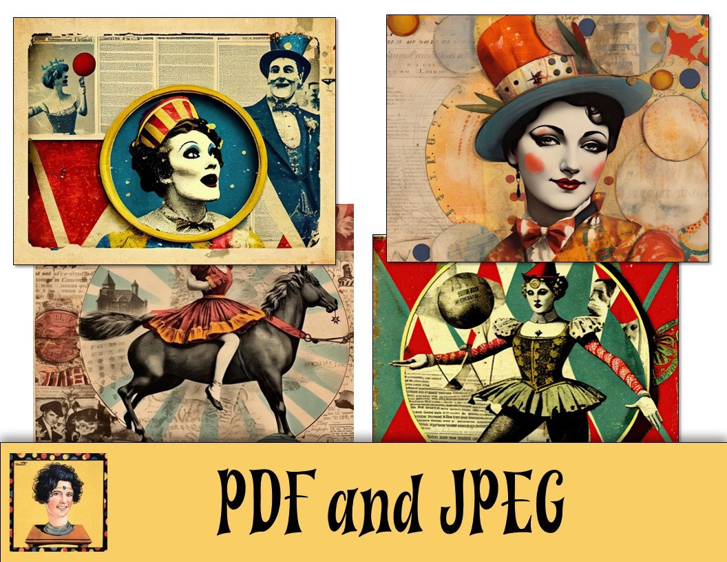 Vintage Circus Carnival Digital Collage Papers, 36 Pages Mixed Media ...