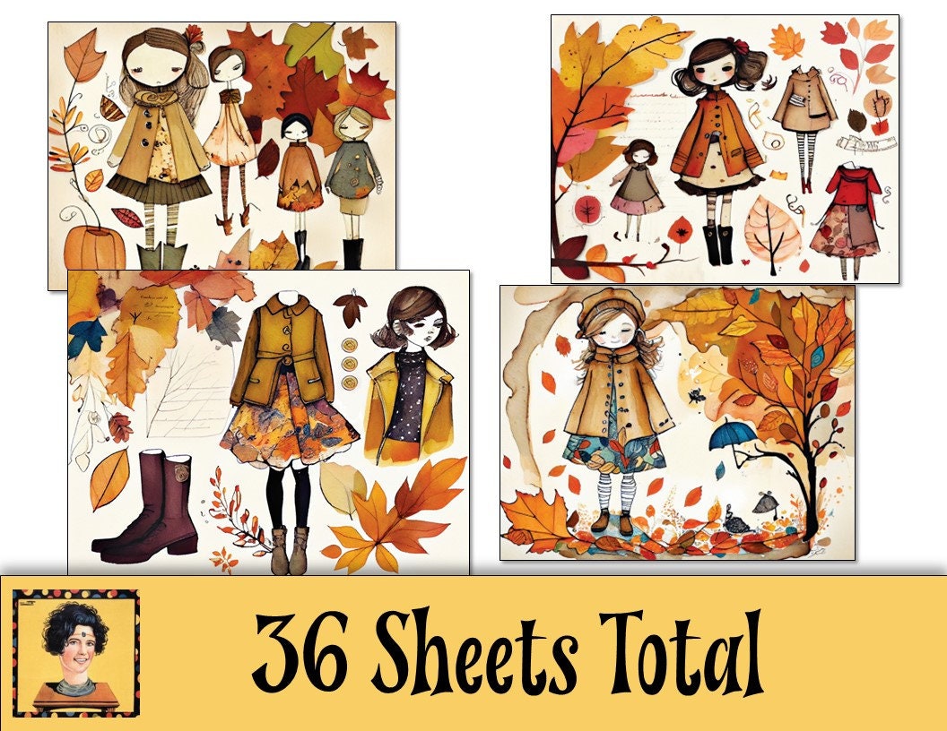 Printable Collage Paper Sheets, 36 Doll Fall Fashion Sketches for Art ...