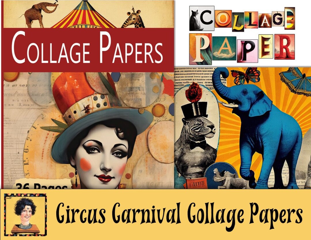 Vintage Circus Carnival Digital Collage Papers, 36 Pages Mixed Media ...