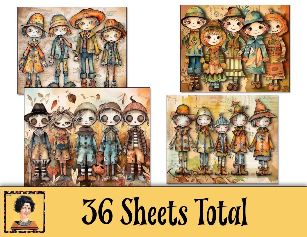 Printable Collage Paper Sheets, 36 Cute Scarecrows and Kids for Art ...