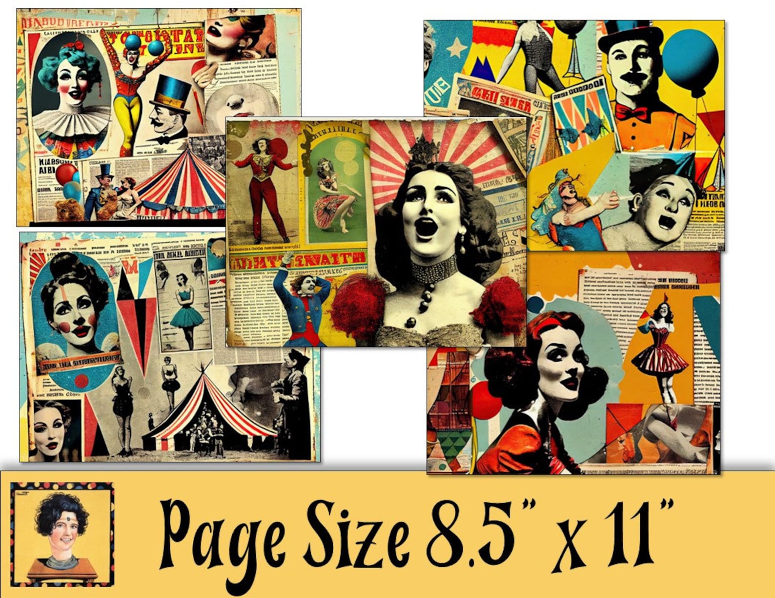 Vintage Circus Carnival Digital Collage Papers, 36 Pages Mixed Media ...