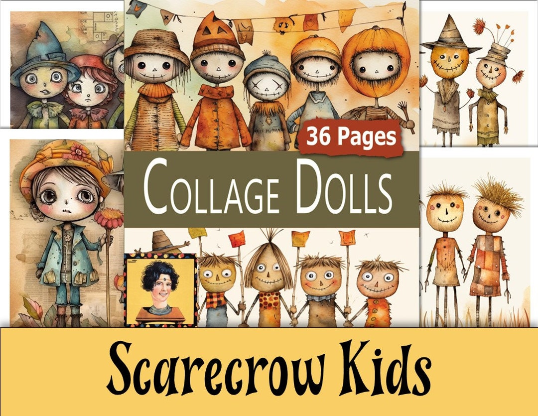 Printable Collage Paper Sheets, 36 Cute Scarecrows and Kids for Art ...