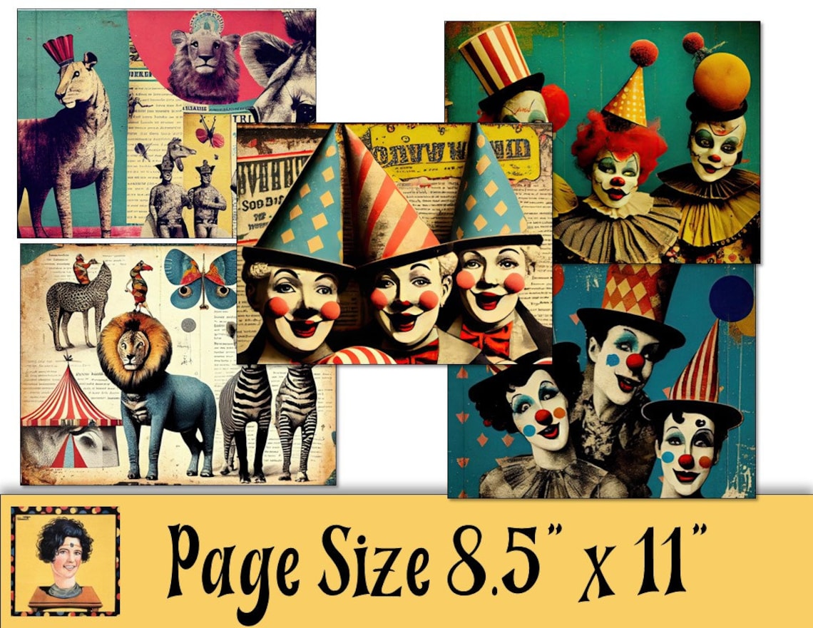 Vintage Circus Carnival Digital Collage Papers, 36 Pages Mixed Media ...