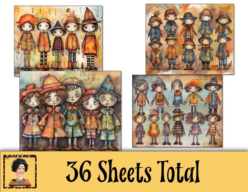 Printable Collage Paper Sheets, 36 Cute Scarecrows and Kids for Art ...