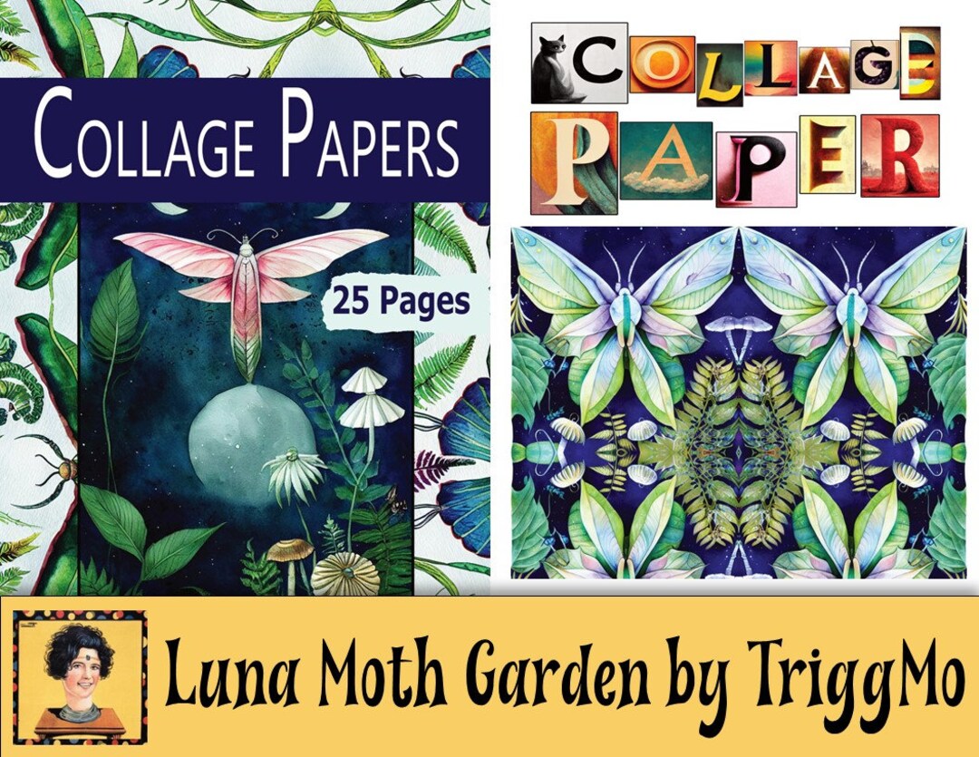 Digital Collage Sheets, 25 Luna Moth Midnight Garden Papers, Decorative ...