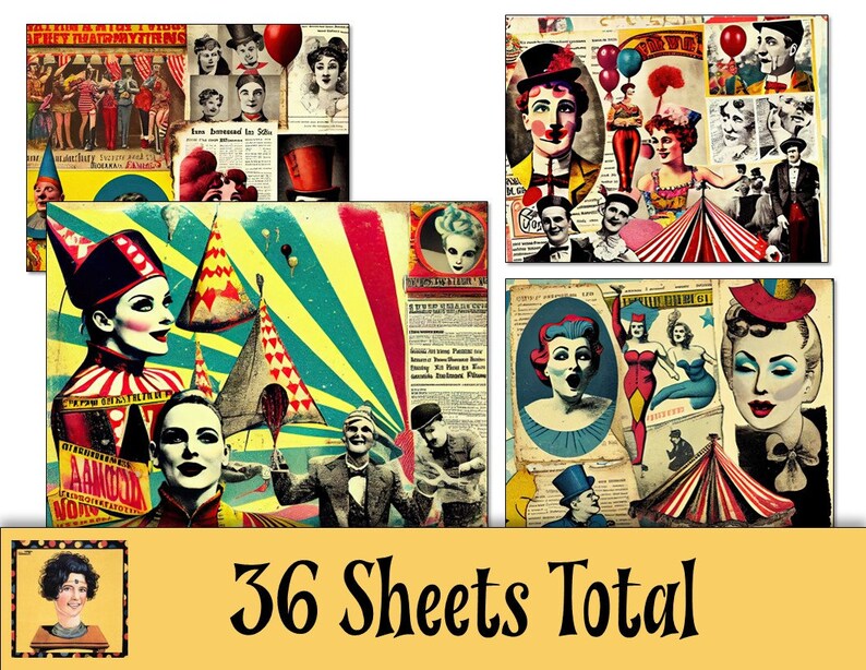 Vintage Circus Carnival Digital Collage Papers, 36 Pages Mixed Media ...
