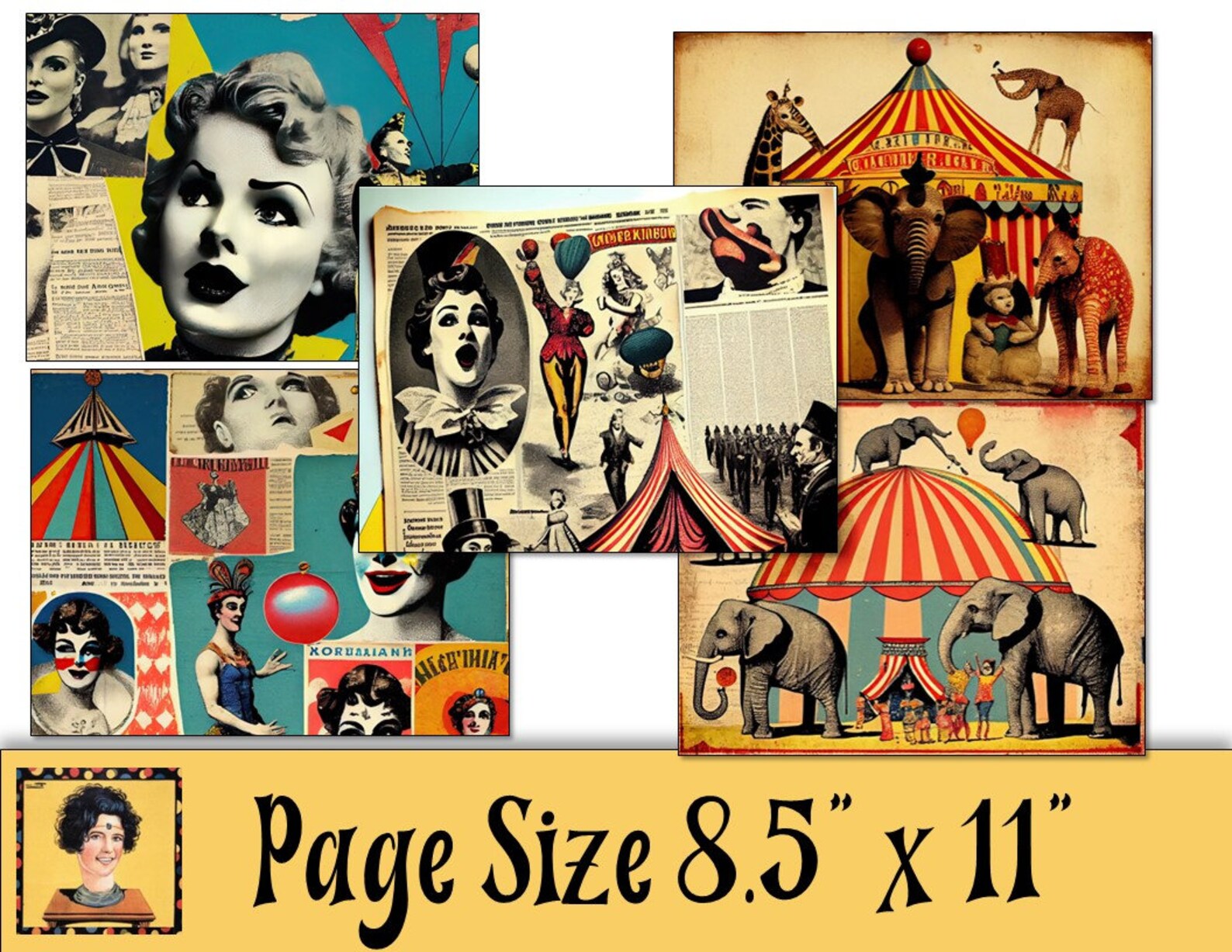 Vintage Circus Carnival Digital Collage Papers, 36 Pages Mixed Media ...