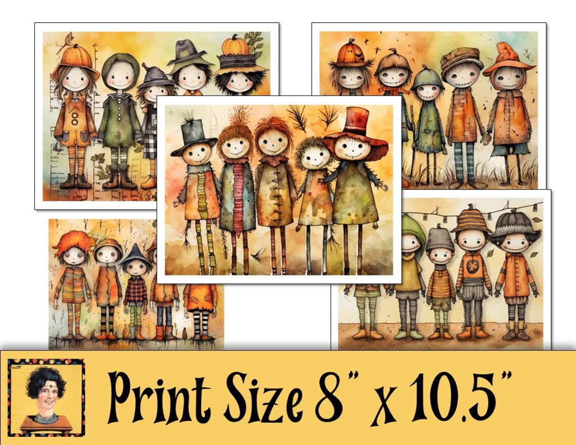 Printable Collage Paper Sheets, 36 Cute Scarecrows and Kids for Art ...