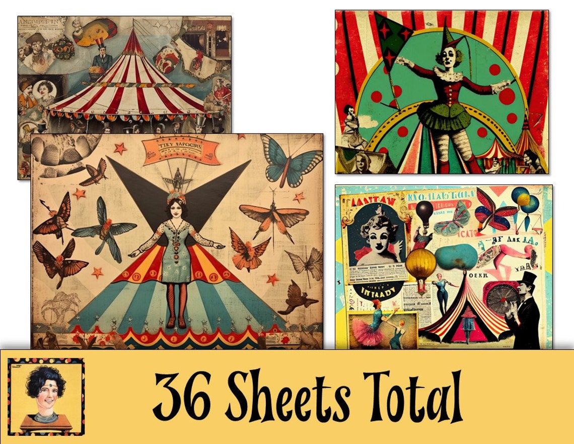 Vintage Circus Carnival Digital Collage Papers, 36 Pages Mixed Media ...