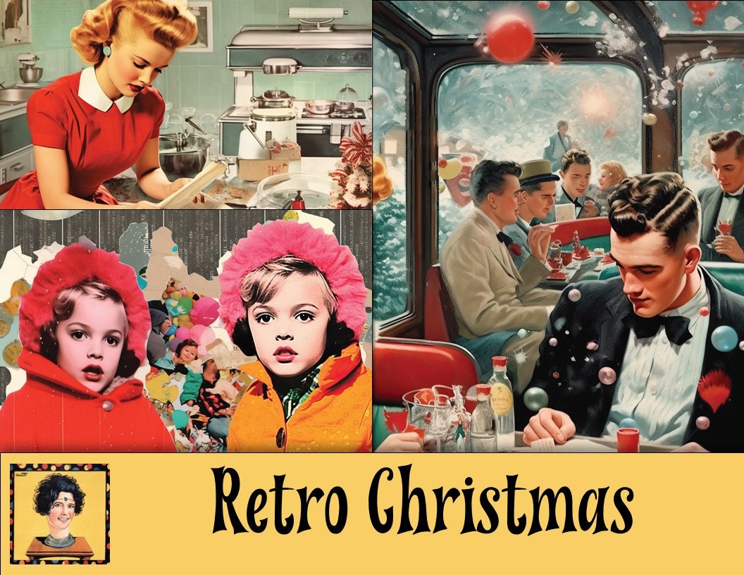 Digital Collage Sheets, Art for Vintage Retro Christmas Theme Cut and ...