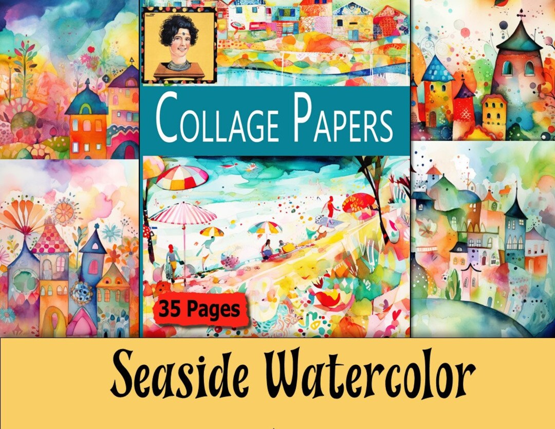 Printable Collage Sheets, 35 Seaside Village Watercolored Papers ...