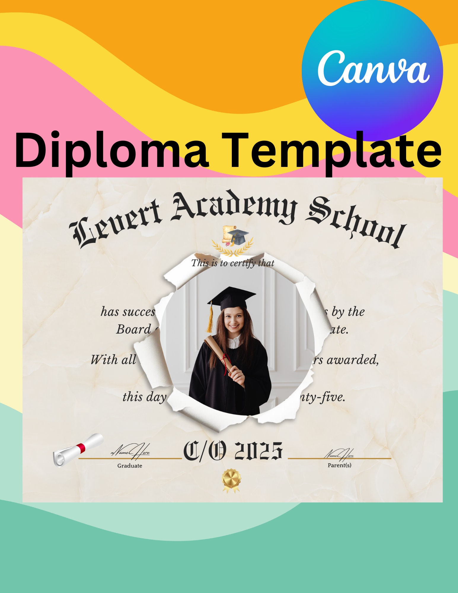 Diploma Template, Drag and Drop Template, Graduation Template, Canva ...