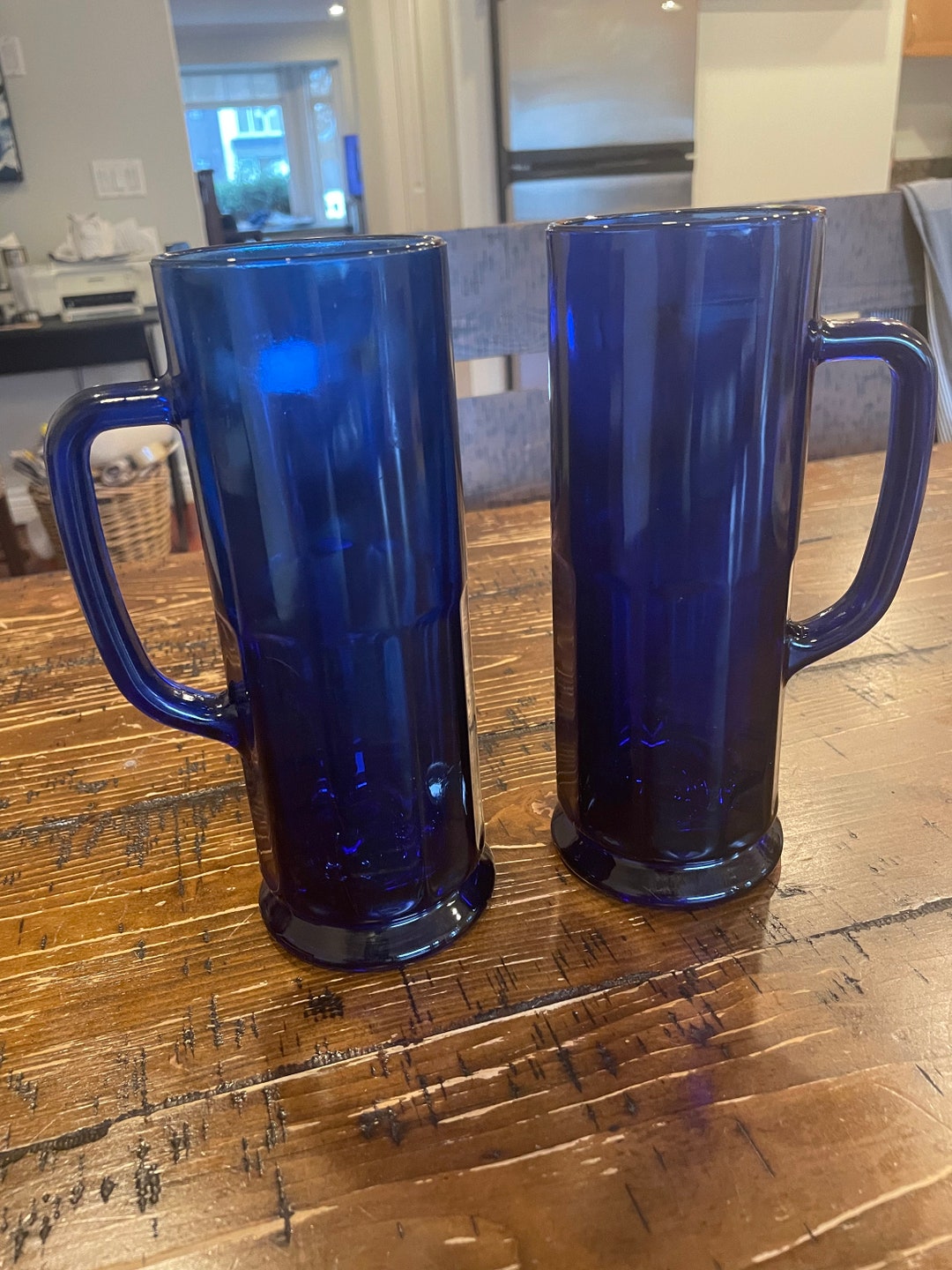 Set of 2 Vintage used Cobalt Blue Glass Mug Beer Stein Cup 16 Oz 8 1/4 ...